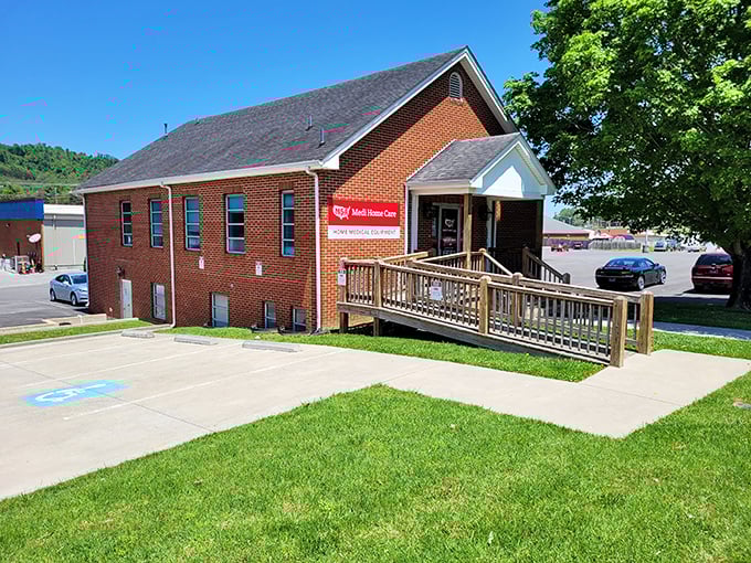 Not all of Rogersville's buildings are historic—this modern brick structure shows how the town balances preservation with practical community needs.