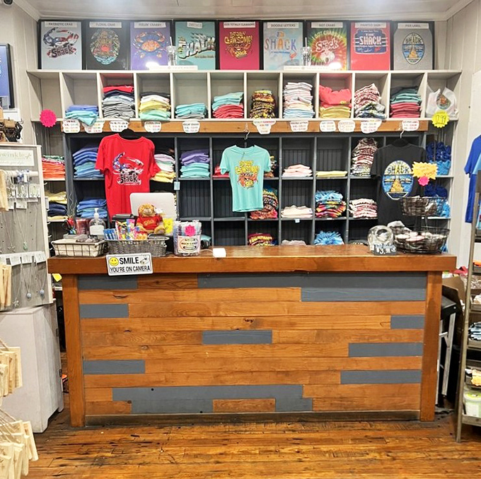 Take the flavor home: The Shack's merchandise wall lets you extend your seafood love affair with colorful t-shirts and coastal keepsakes.