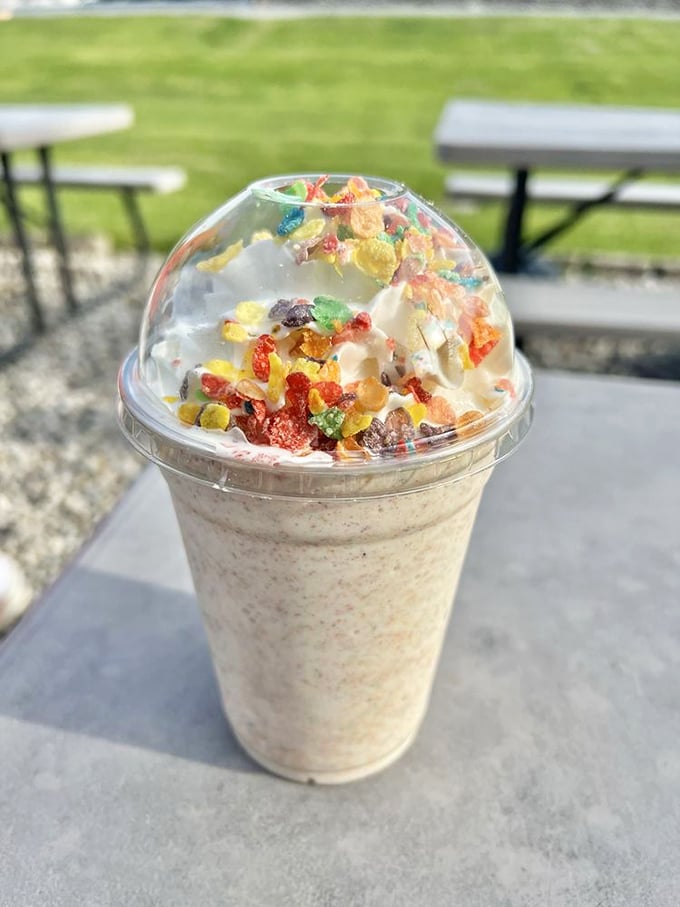 Dessert in disguise! This creamy milkshake topped with colorful cereal brings playground joy to grown-up taste buds.