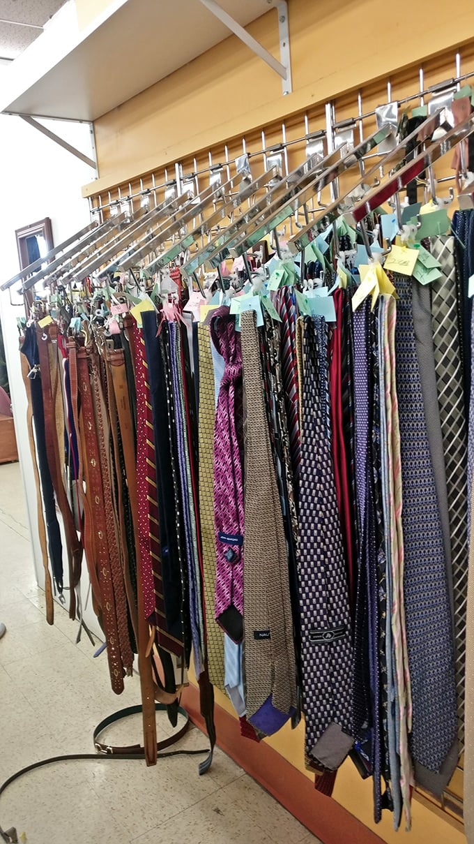 The necktie rainbow—where corporate America's cast-offs become tomorrow's fashion statements. Silk patterns that span decades of boardroom trends.