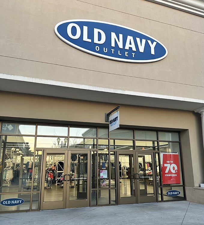 Old Navy's storefront promises 70% clearance—words that trigger the same dopamine response as "free dessert" or "surprise upgrade."