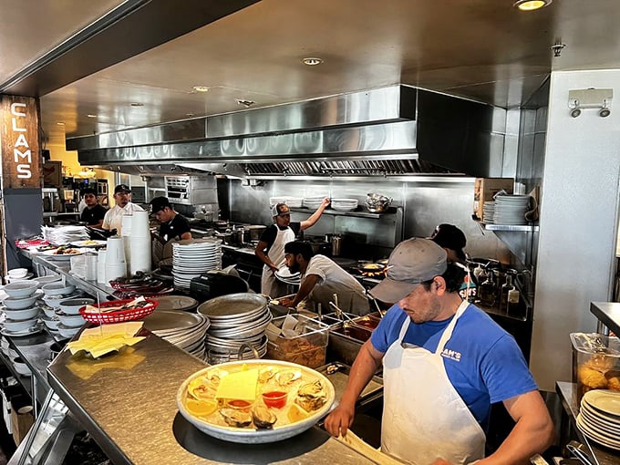 In the open kitchen, culinary choreography unfolds as chefs transform ocean treasures into plates of pure joy.