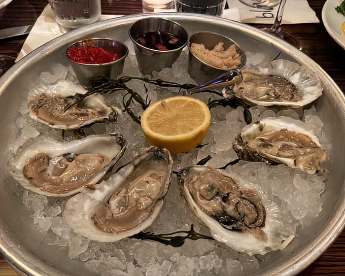 Oysters on ice with all the accoutrements—nature's perfect appetizer. Like getting a postcard from the ocean delivered directly to your table.