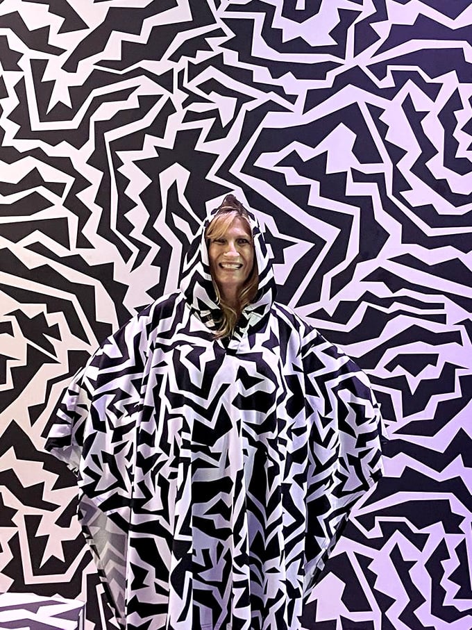 Camouflage taken to artistic extremes—this pattern-matching exhibit makes visitors virtually disappear when wearing the specially designed poncho.