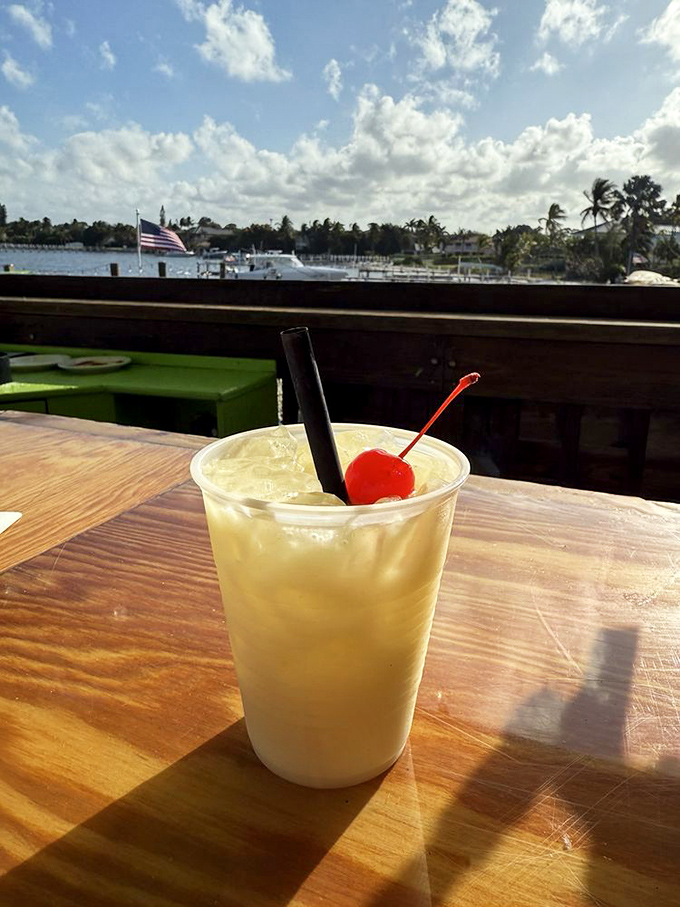 Paradise in a plastic cup – a piña colada with the perfect ratio of sweet to strong, proving some of life's best moments come with tiny umbrellas.