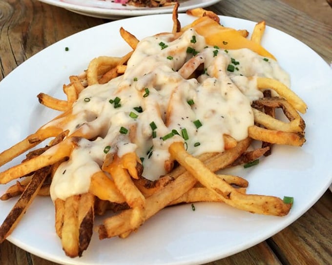 Fries smothered in gravy and sprinkled with chives—proof that sometimes the most beautiful relationships are the messiest ones.