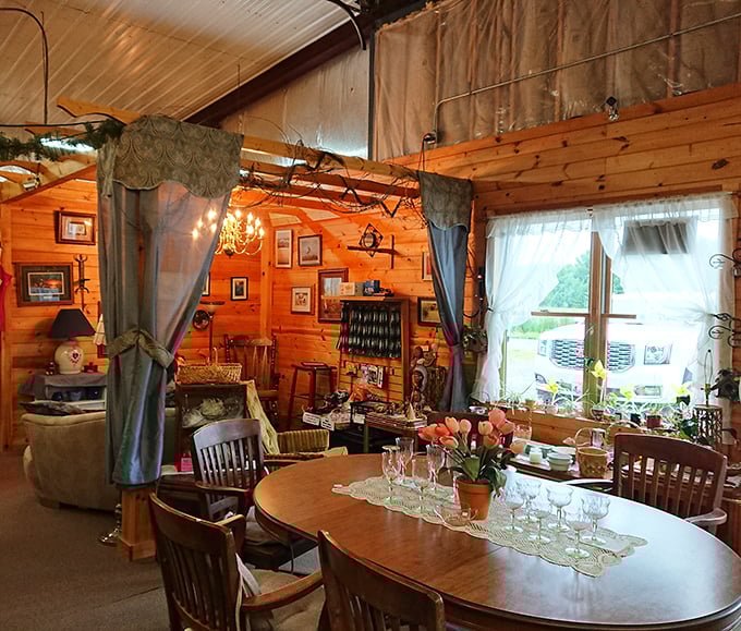 This staged dining area feels like walking into Grandma's cabin. That oval table has hosted countless family gatherings and is ready for yours.