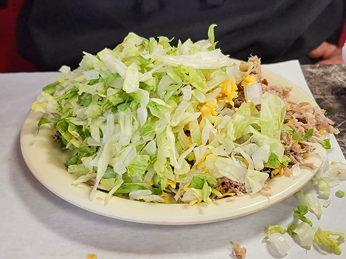 When lettuce meets barbecue, it's not a compromise but a canvas – this mountain of fresh greens topped with smoky meat creates the perfect textural tango.