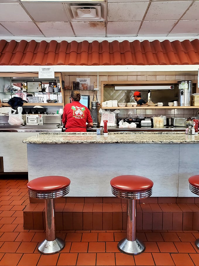 The terra cotta floor and counter dividers create little dining islands—each one a potential setting for your next favorite meal memory.