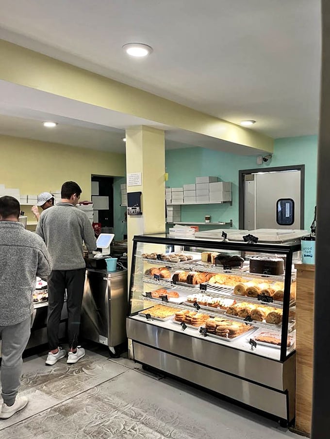 The display case—where dreams are stored at precisely the right temperature and every glance prompts an internal debate about which treat to choose.