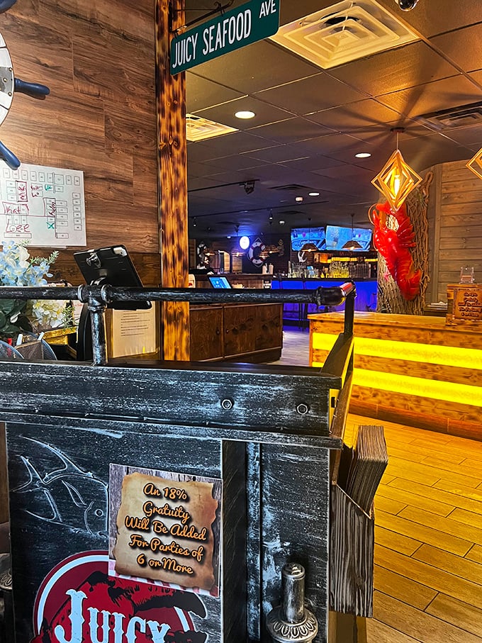 The host station promises "An 18% Gratuity Will Be Added For Parties of 6 or More"—a small price for guiding your crew to seafood nirvana.