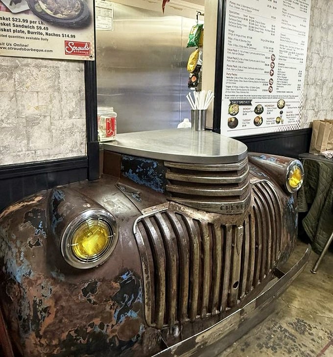 The vintage Chevy front end serving as the order counter—proof that Tennesseans know how to upcycle with style and a wink.