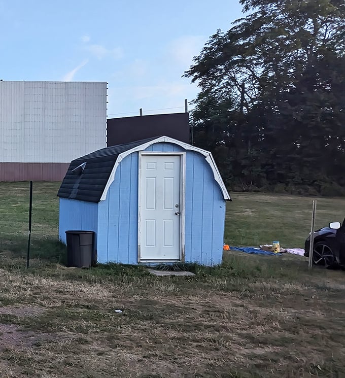The little blue shed—humble guardian of equipment, standing sentinel beside the massive screen like a loyal sidekick to a superhero.