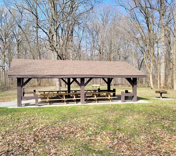 This picnic shelter practically begs for family reunions where the only drama is who brought the best potato salad.