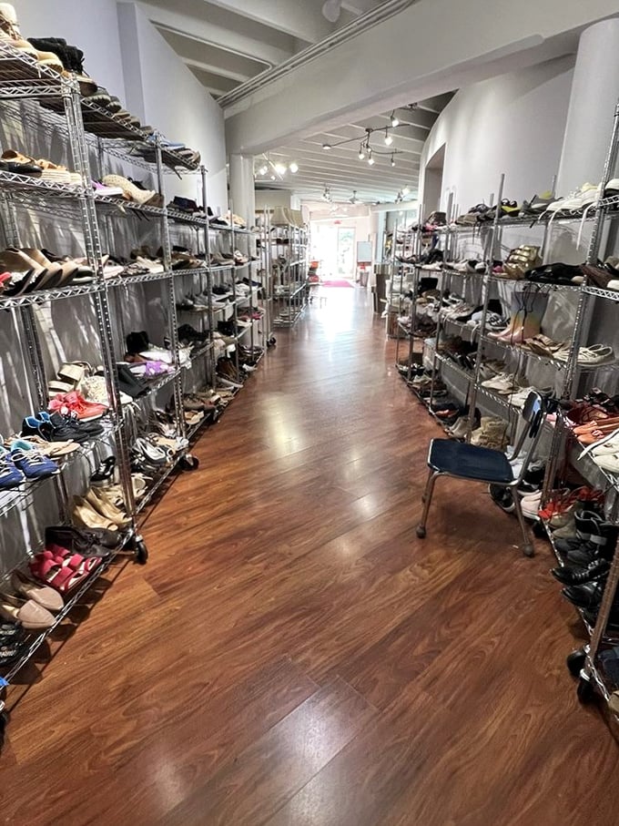 The shoe aisle stretches toward the horizon like a well-organized road to fashion salvation. So many styles, so little closet space!