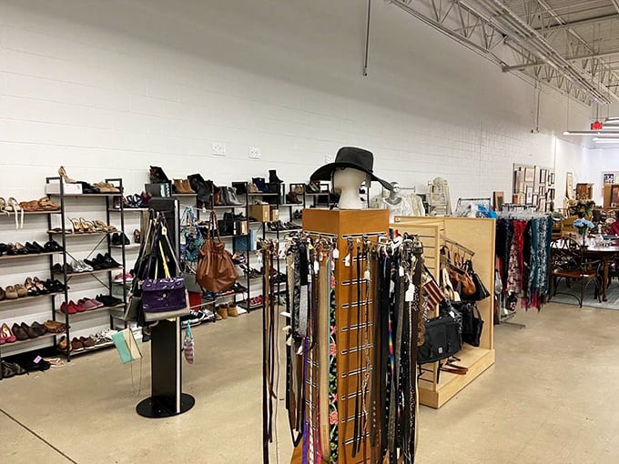 The accessories section tells stories through shelves of handbags, belts, and hats—each waiting for the right person to continue their fashion journey.