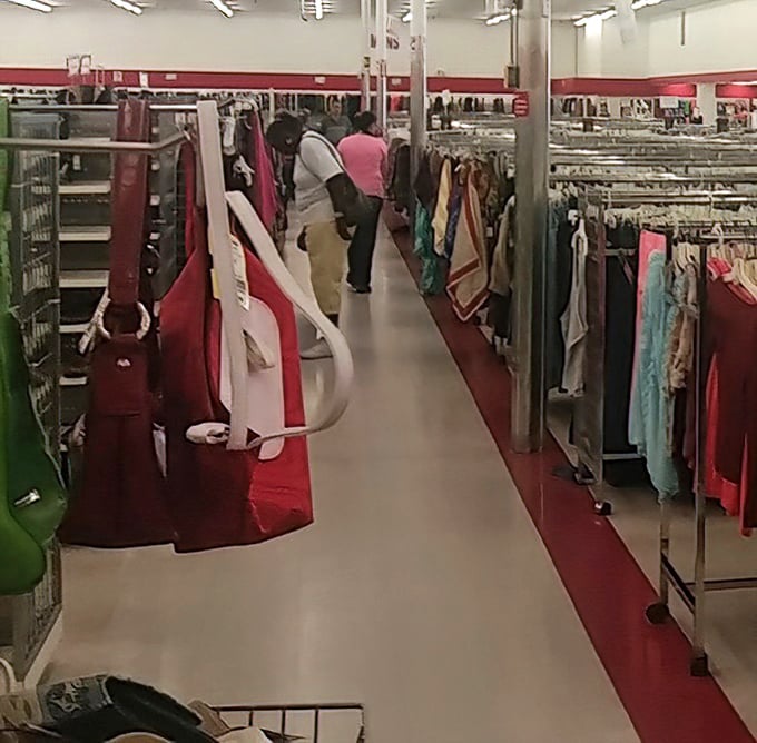 The handbag aisle: a fashionista's treasure hunt where designer possibilities lurk between everyday options.
