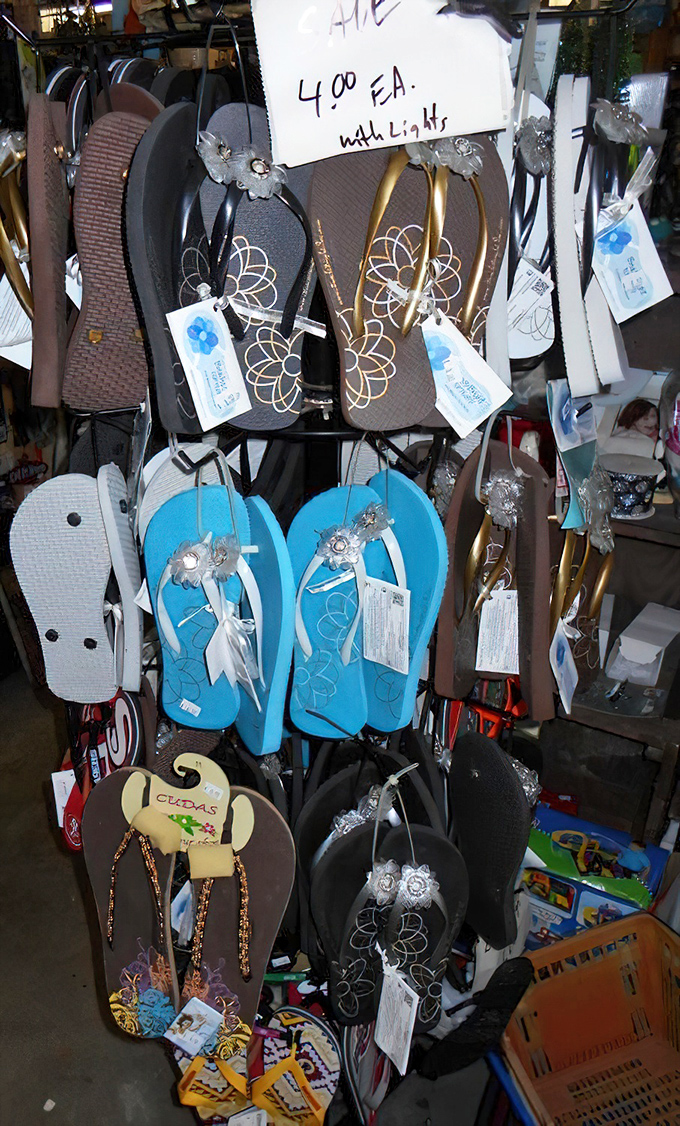 Beach-ready flip-flops adorned with unexpected bling—summer fashion statements at winter clearance prices.