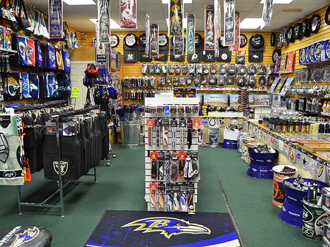 Sports fans rejoice – team spirit merchandise covering every surface from floor to ceiling displays.