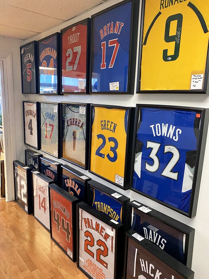 Sports jerseys that let you relive glory days—theirs or yours. Each frame contains equal parts nostalgia and investment potential.