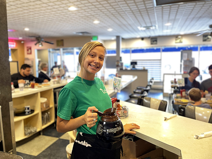 Great diners have servers who make you feel like family. That smile says, "Your coffee cup will never be empty on my watch."