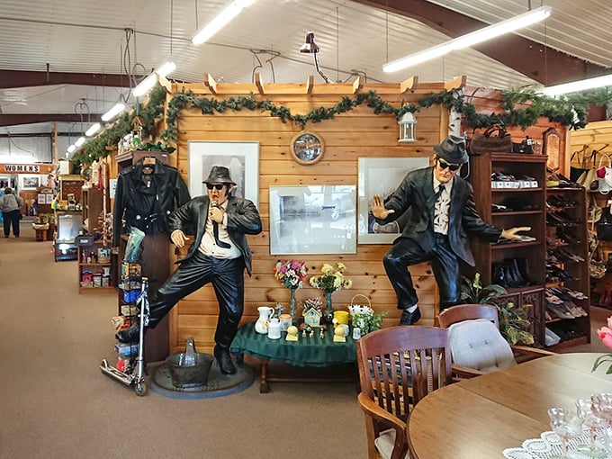 The Blues Brothers statues stand guard over treasures—silent sentinels with impeccable taste in hats and an appreciation for vintage finds.
