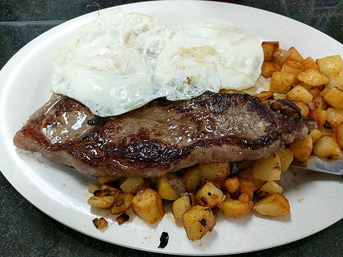Steak and eggs – the breakfast of champions or anyone who plans to skip lunch. Those home fries deserve their own fan club.
