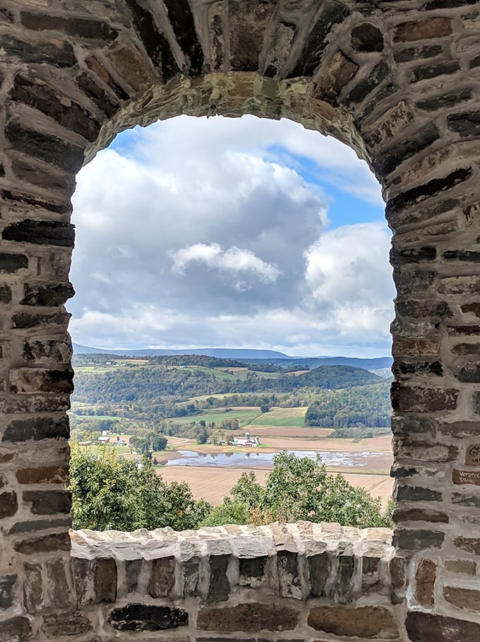 Stone archway frames the valley like nature's perfect portrait, proving sometimes the best picture needs the right frame.