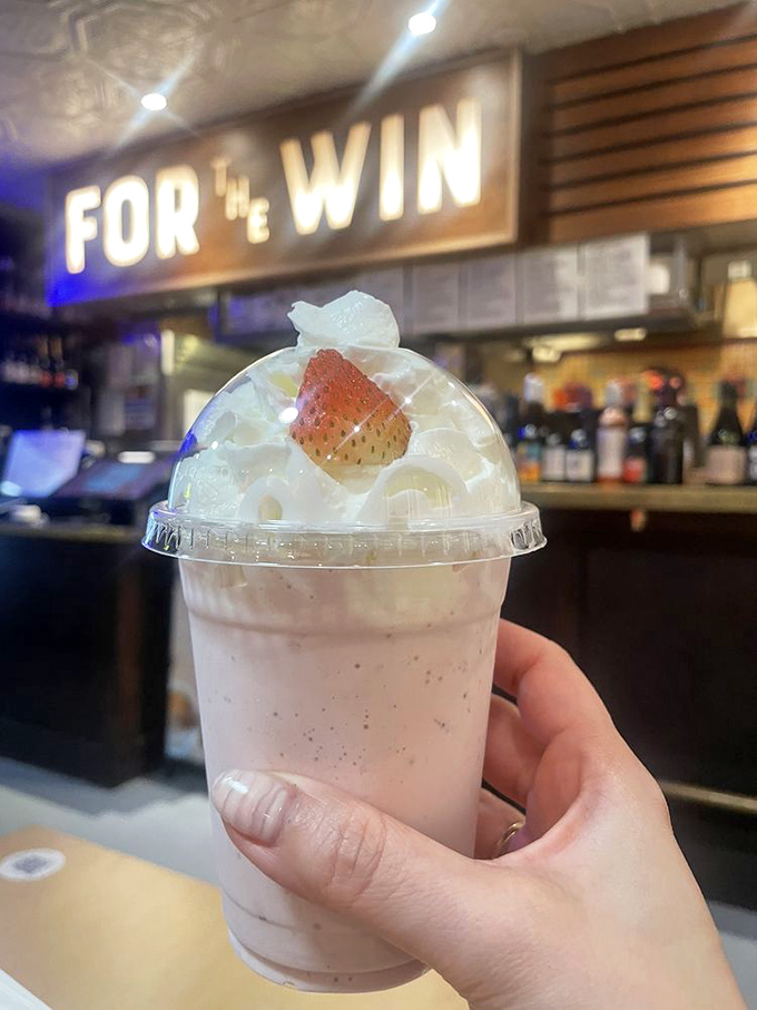 A strawberry milkshake topped with the real deal—no artificial anything here. Thick enough to require serious straw strength.