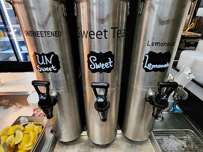 Sweet tea, unsweet tea, and lemonade—the essential Southern beverages, served in quantities that acknowledge Georgia's heat.