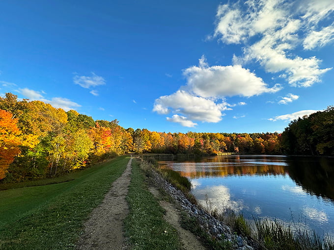 Autumn paints Sylvan Pond with a palette that would make Bob Ross weep with joy—nature's masterpiece reflected in perfect stillness.