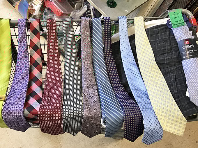 Neckties in every pattern imaginable—silk soldiers lined up at attention, each one a potential job interview hero or wedding guest accessory.