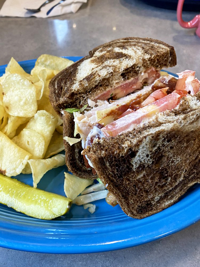 This sandwich doesn't just satisfy hunger – it conquers it. Layers of goodness between marble rye with chips standing guard. Lunch perfection achieved.