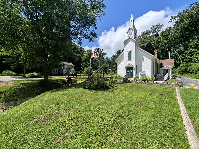 Faith and architecture in perfect harmony. The white steeple of Elsah's Methodist Church reaches skyward, a spiritual anchor in this historic village.