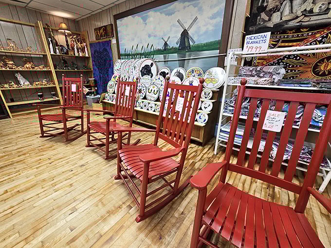 Red rocking chairs invite weary shoppers to sit a spell, perhaps contemplating which pie flavor deserves the journey home.