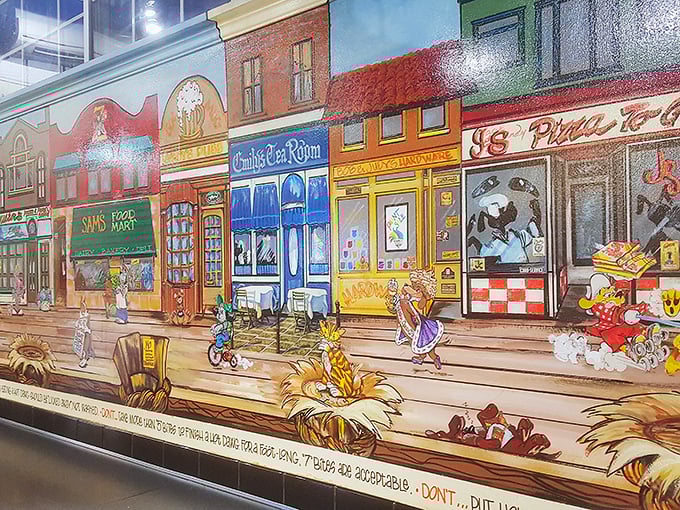Wall art that tells stories—a main street mural that captures small-town America in all its nostalgic, illustrated glory.