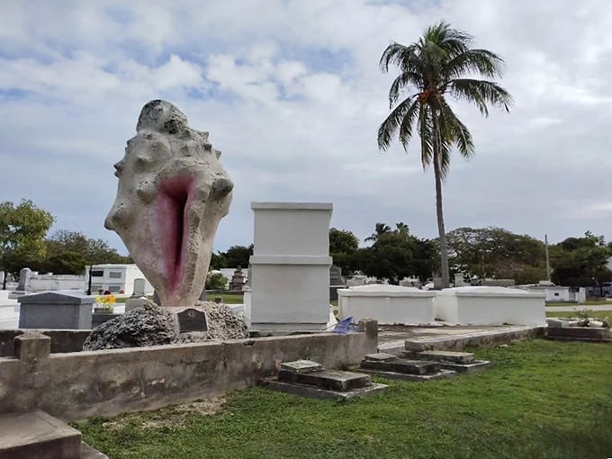 This massive conch shell monument perfectly captures Key West's spirit—even in death, islanders refuse to part with their most iconic symbol.