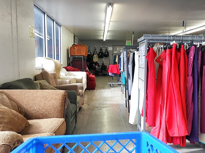 An aisle where formal gowns meet casual couches—the perfect metaphor for California living, where elegance and comfort coexist beautifully.