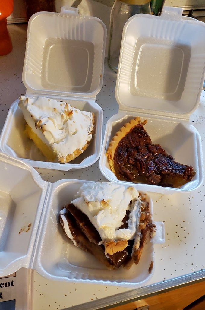 Pie trifecta in to-go containers—because the only thing better than eating pie at the cafe is having more waiting for you at home. Dessert insurance for the wise traveler.