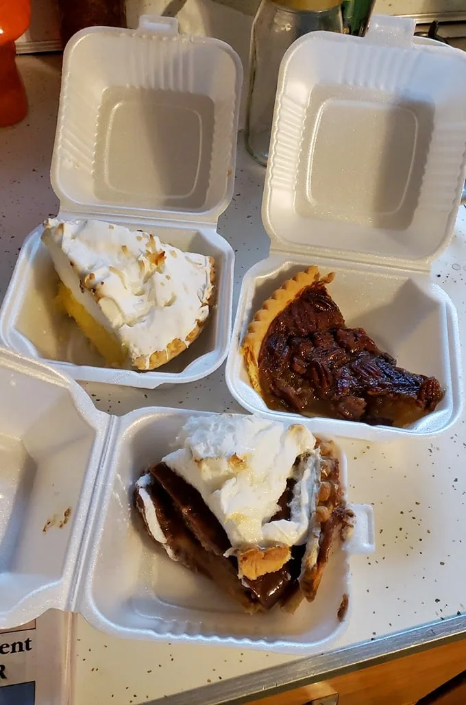 Pie trifecta in to-go containers—because the only thing better than eating pie at the cafe is having more waiting for you at home. Dessert insurance for the wise traveler.
