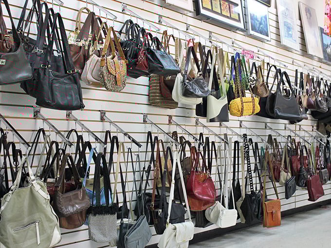 Handbags hang like a designer boutique display, proving style doesn't require breaking the bank account completely.
