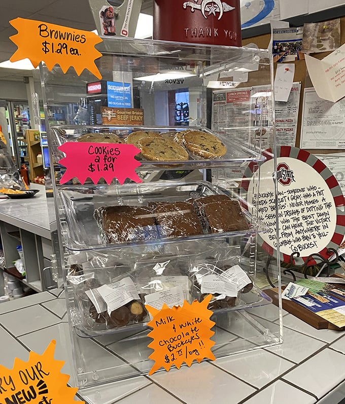 Homemade desserts displayed with colorful price tags—the kind of setup that makes dieting decisions evaporate faster than morning dew on a hot Ohio summer day.