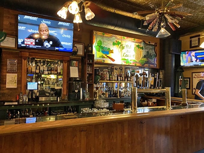 Behind every great pub is a bar that tells stories – this one speaks volumes with its gleaming taps and that stained glass homage to Irish libations.