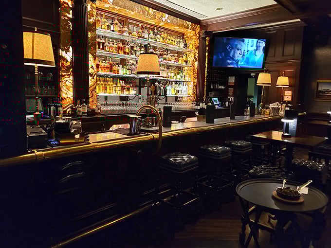 The bar at Lawry's glows with amber promise. That backlit display of spirits isn't just inventory—it's a gallery of liquid possibilities.