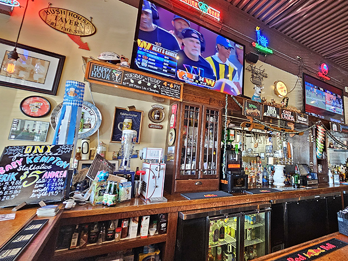 A bar that tells stories through its décor, where every beer sign and memorabilia piece has earned its place.