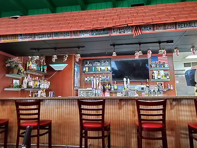 The bar area doesn't just serve drinks—it serves as a front-row seat to the morning ritual of a community coming together.