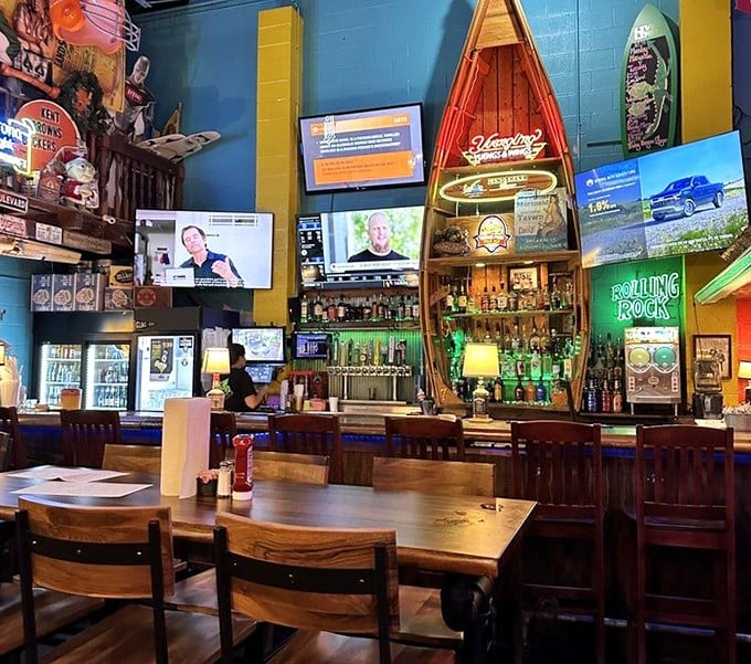 Boats transformed into bar shelving? At Mike's Place, even the liquor bottles get an adventure before they reach your glass.