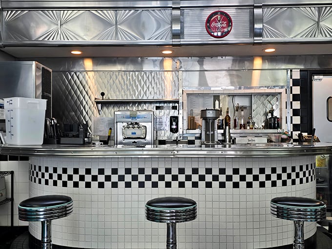 The counter seating offers front-row tickets to the culinary show. Chrome, tile, and all the diner essentials done exactly right.