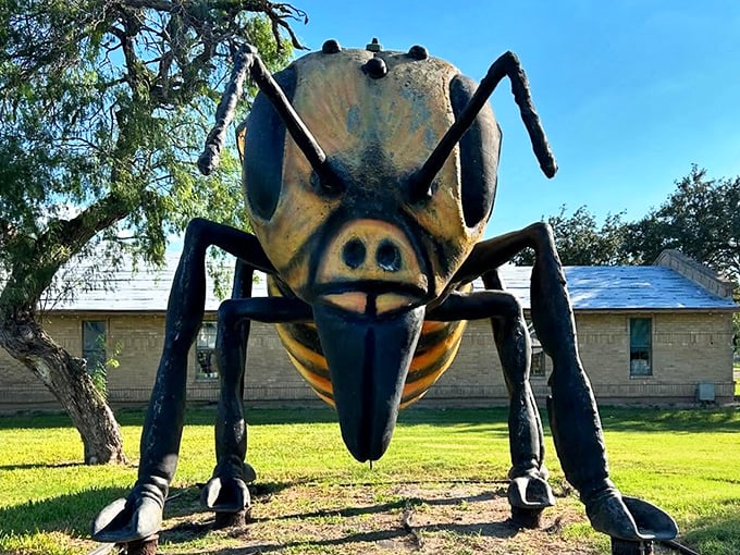 Face to face with fame—the bee's detailed visage shows craftsmanship that elevates this beyond typical roadside kitsch.