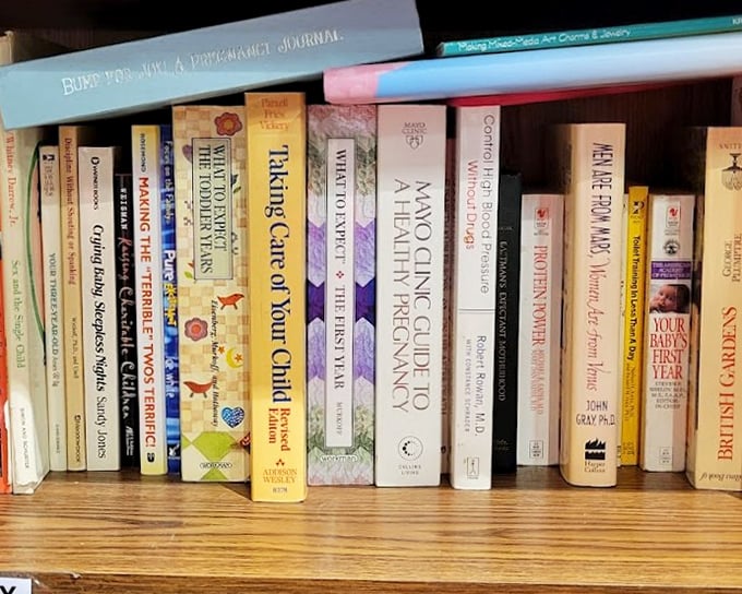 Self-help books that have already helped someone else—now it's your turn. "Taking Care of Your Child" sits ironically next to "We're Having a Baby"—the circle of life.